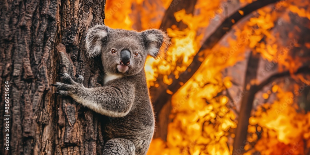 Photo of a koala bear clinging to a tree in front of forest fire. This ...