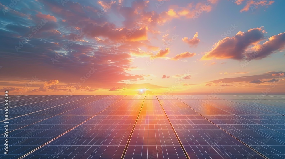 Photovoltaic solar panels on sunset sky background, green clean energy ...