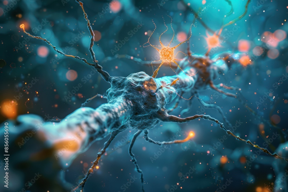 medical iilustration, ultra close-up view of few neuron cells cluster ...