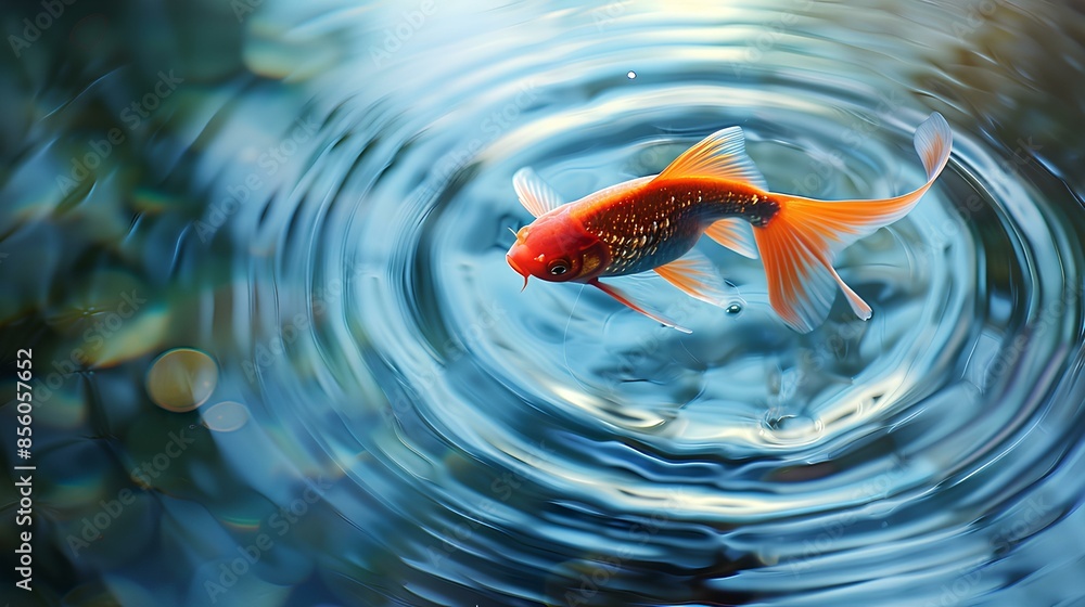 Ripples forming a halo around goldfish breaking the surface tension ...