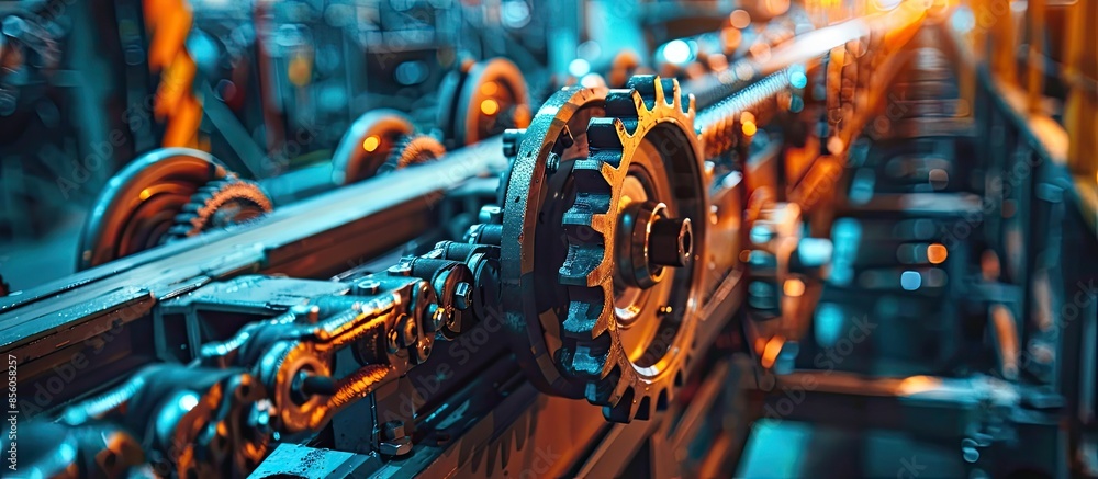 Gear chain drive shaft in conveyor belt is on production line. Timing ...