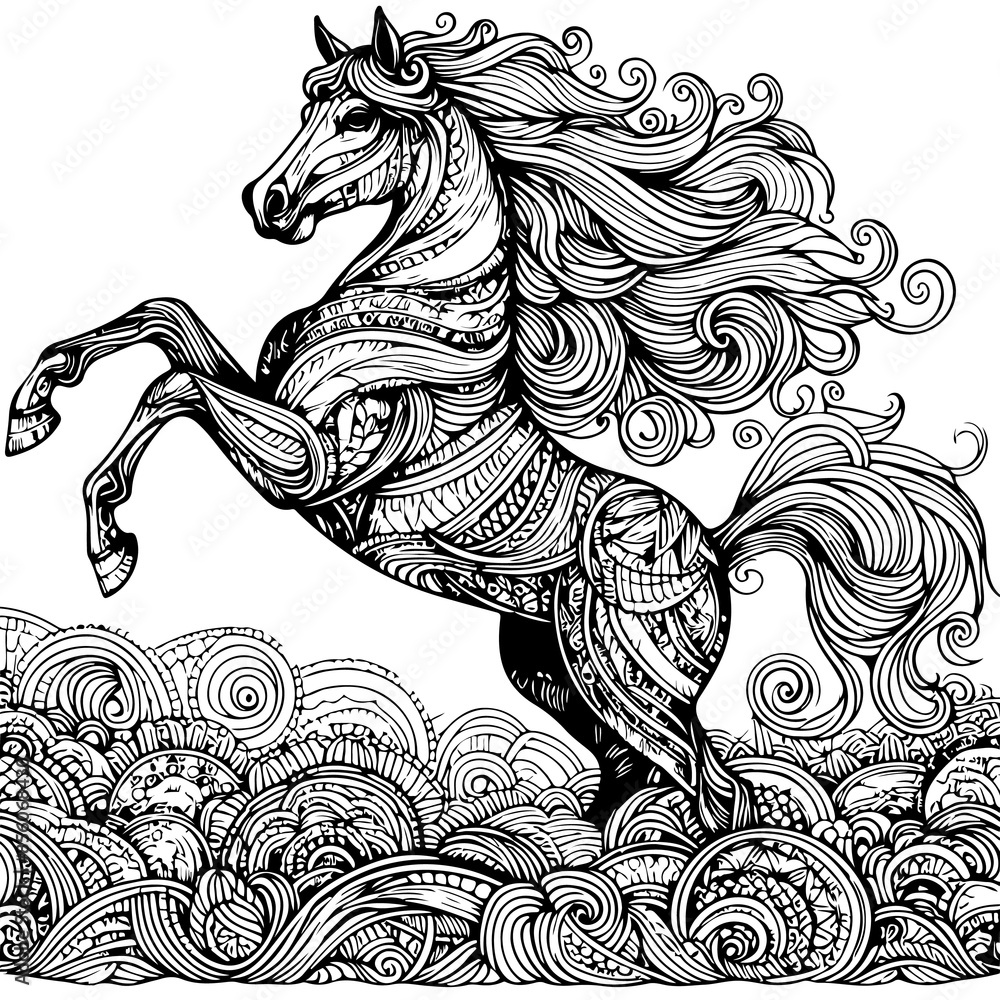 Patterned Rearing Horse Adult Coloring Page Floral Mandala Horse ...