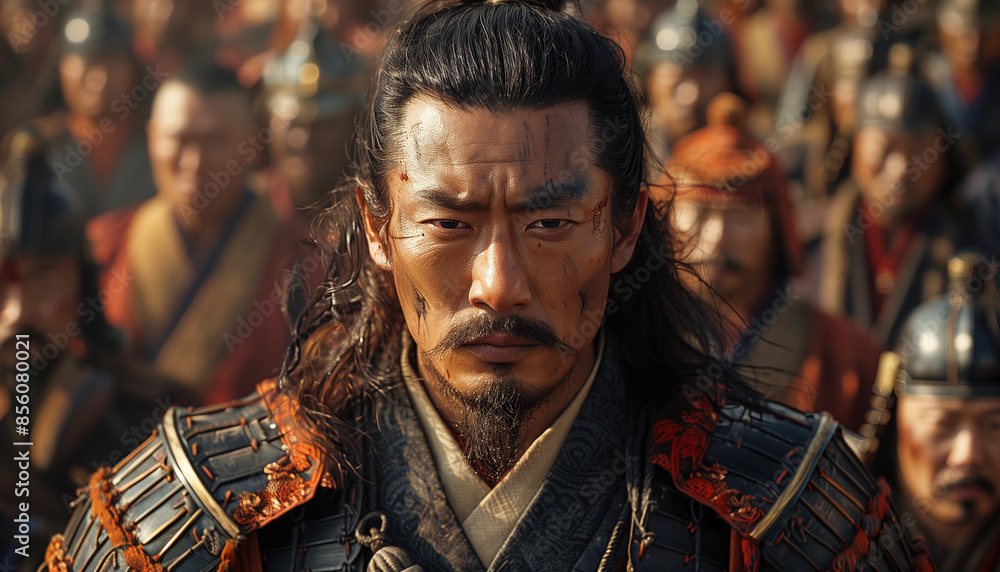 Group of Asian warriors in traditional attire, with intense expressions ...