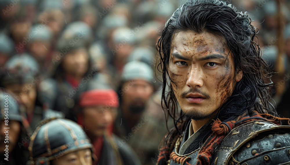 Group of Asian warriors in traditional attire, with intense expressions ...