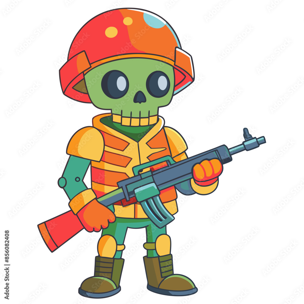 Skeleton wearing full military gear, including a helmet, tactical vest ...