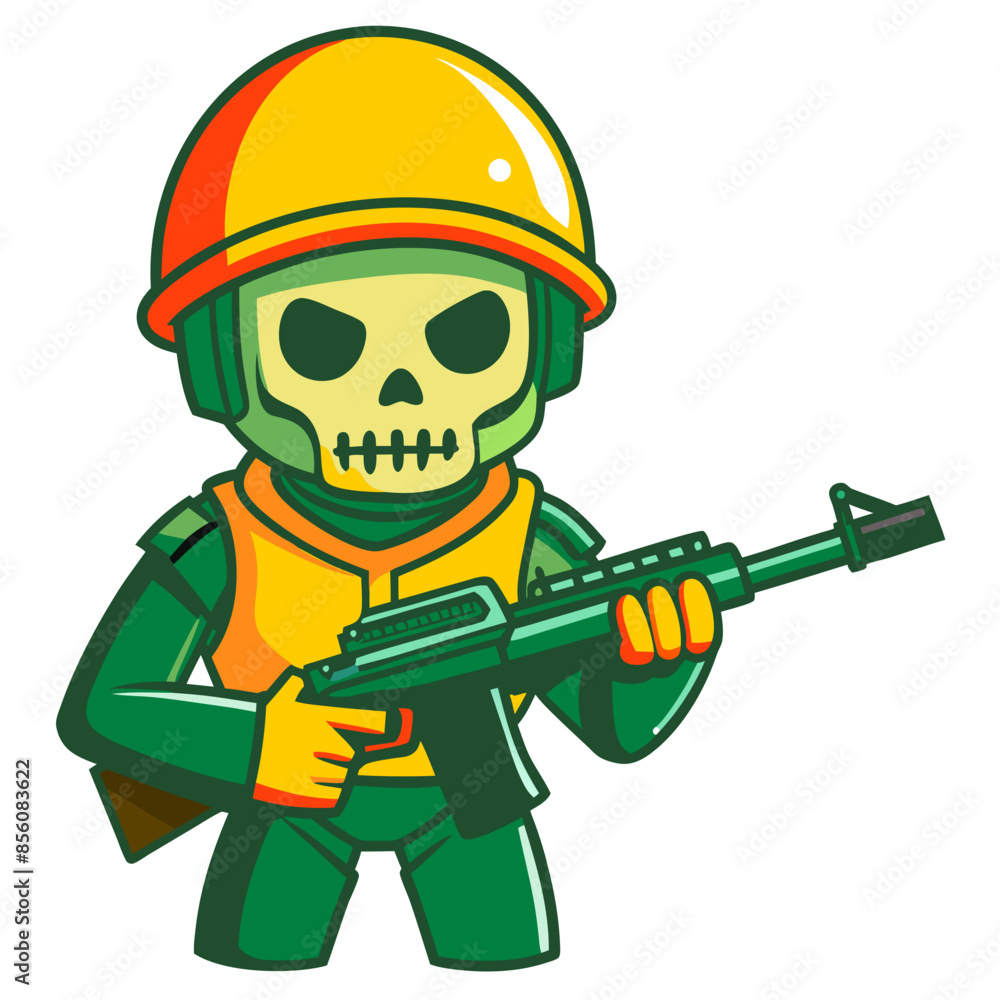 Skeleton wearing full military gear, including a helmet, tactical vest ...
