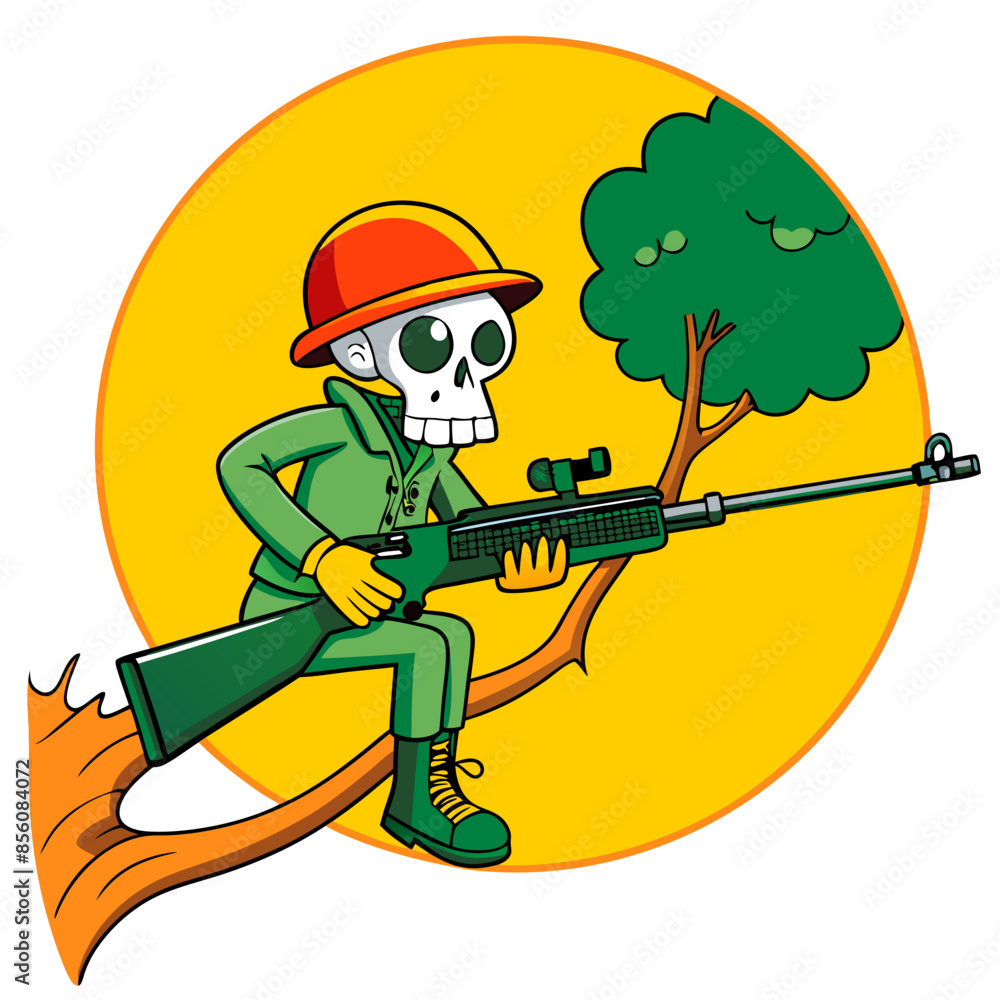 Skeleton wearing full military gear, including a helmet, tactical vest ...