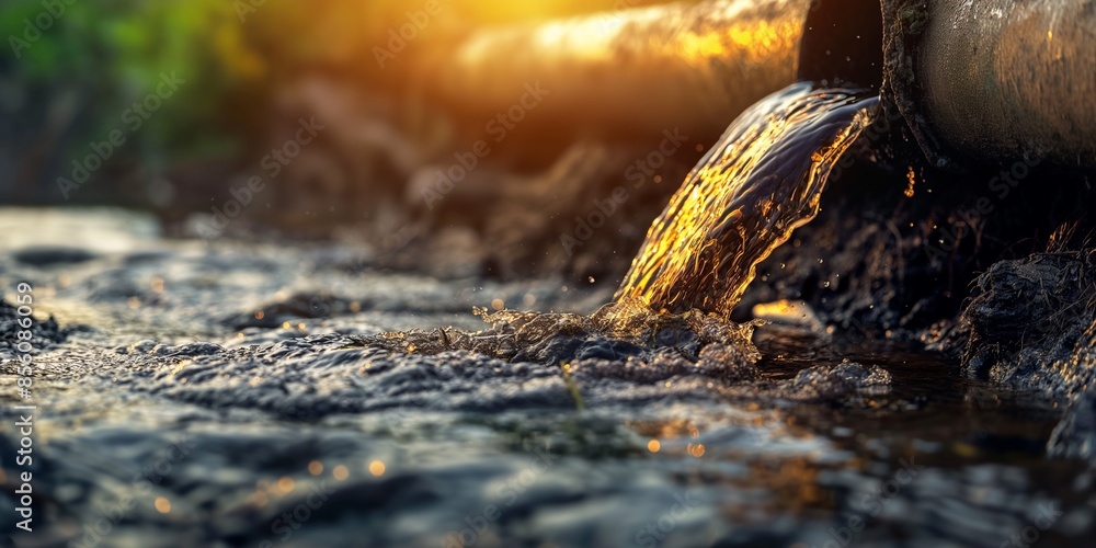 Untreated sewage water pouring out of an old pipe into a river. This ...