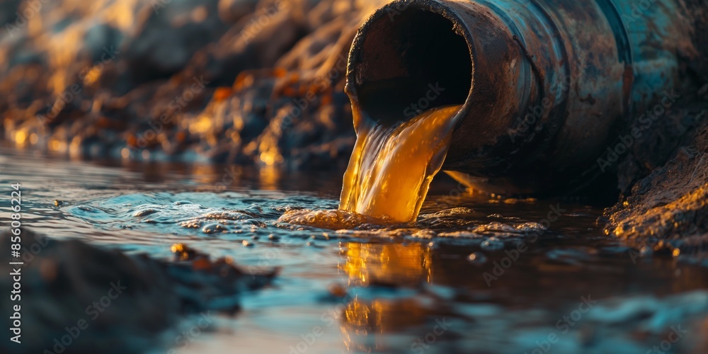 Untreated sewage water pouring out of an old pipe into a river. This ...