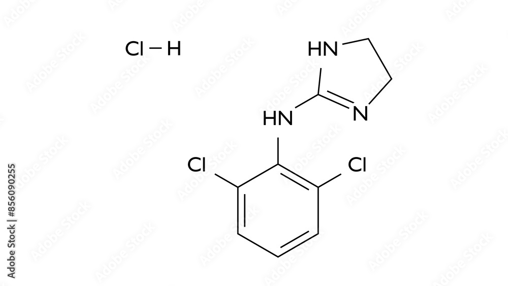 clonidine hydrochloride molecule, structural chemical formula, ball-and ...