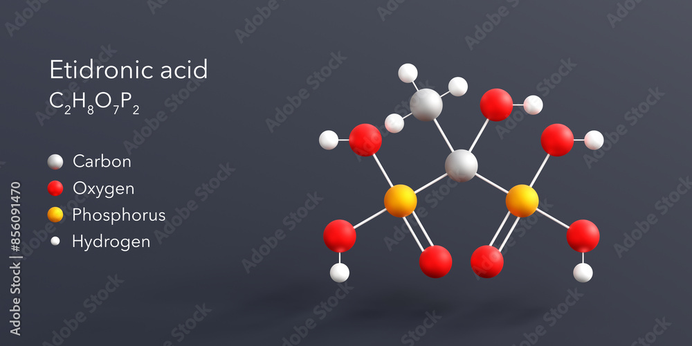 etidronic acid molecule 3d rendering, flat molecular structure with ...