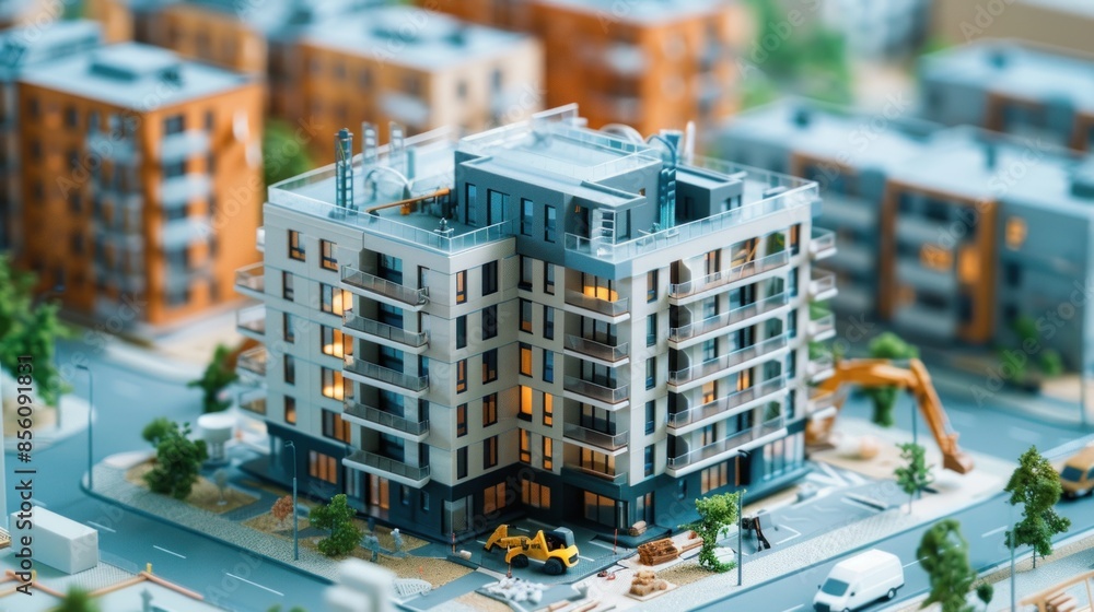 Architectural Miniature Scene: Elevated central view of a 3D model of ...