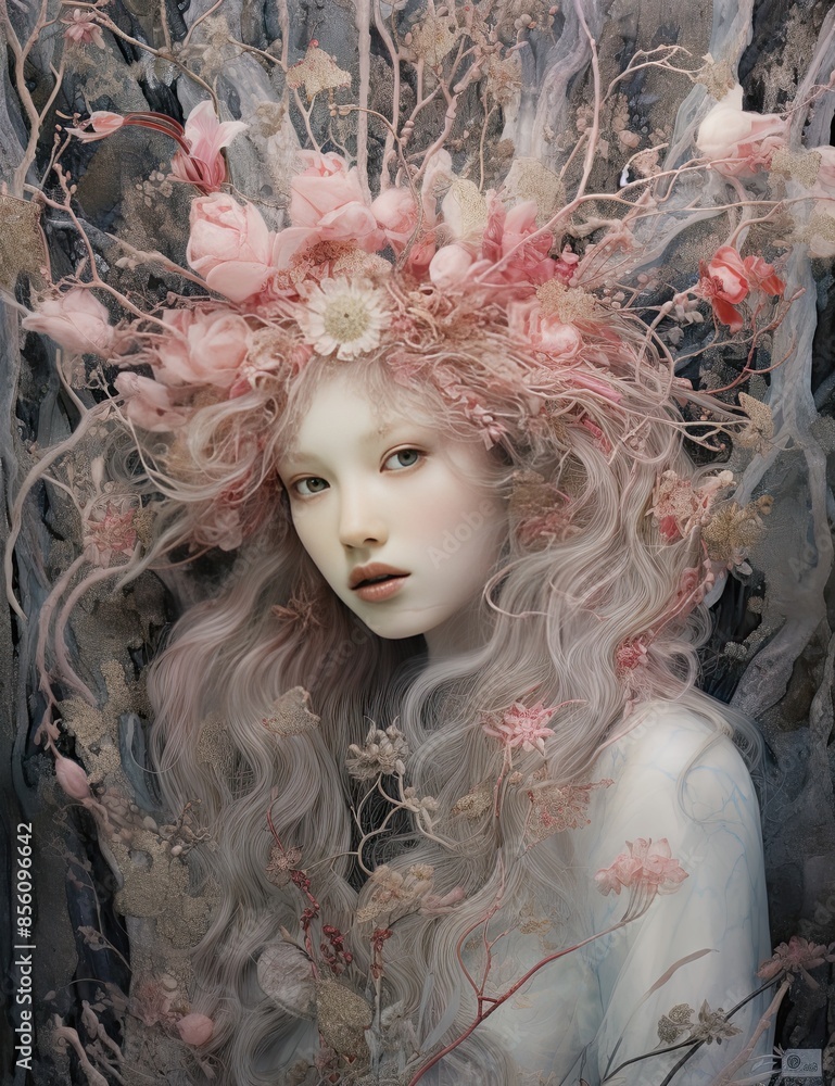 A fairy portrait showcasing flowers and delicate textures, creating an ...