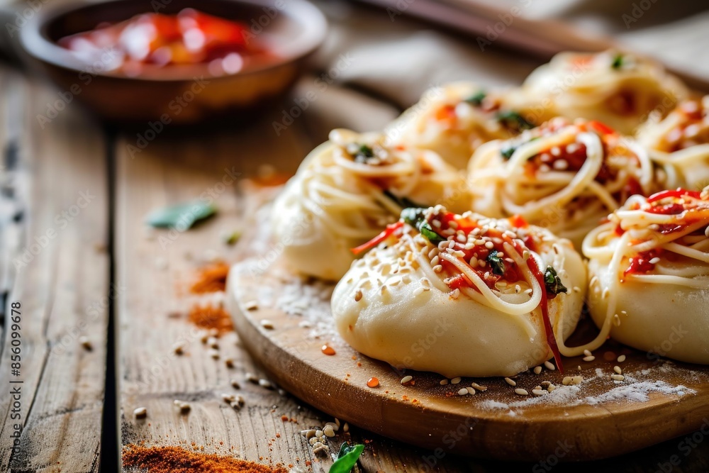 Korean Bao Buns with Crispy Sticky Chicken in a Spicy with copy space ...