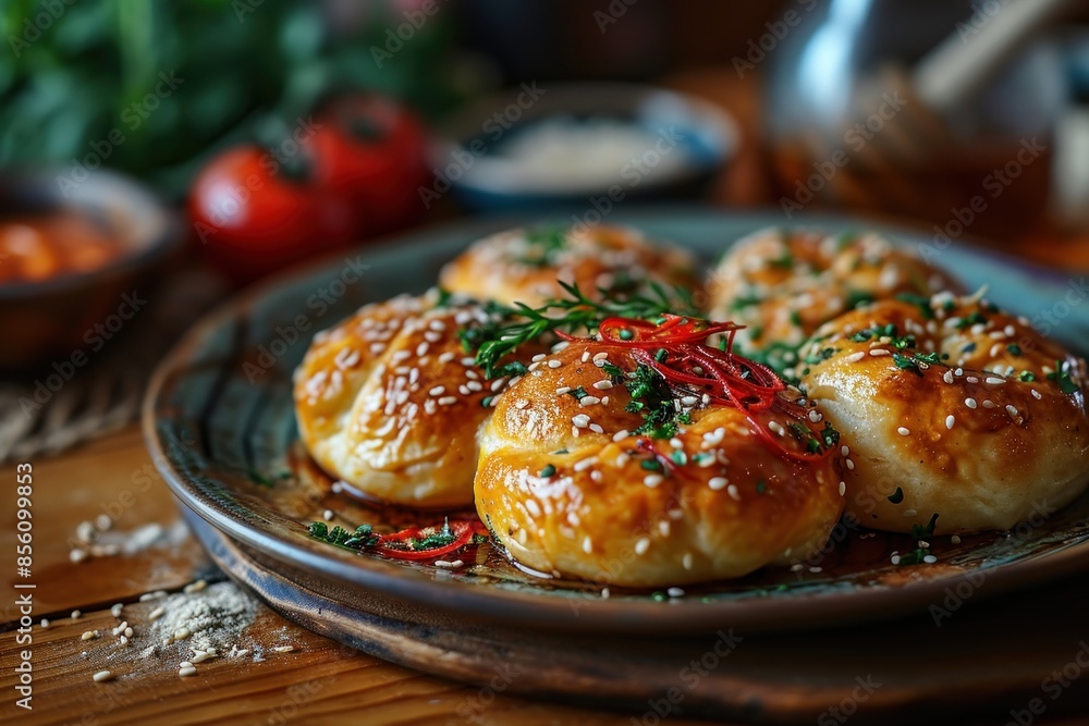 Korean Bao Buns with Crispy Sticky Chicken in a Spicy with copy space ...