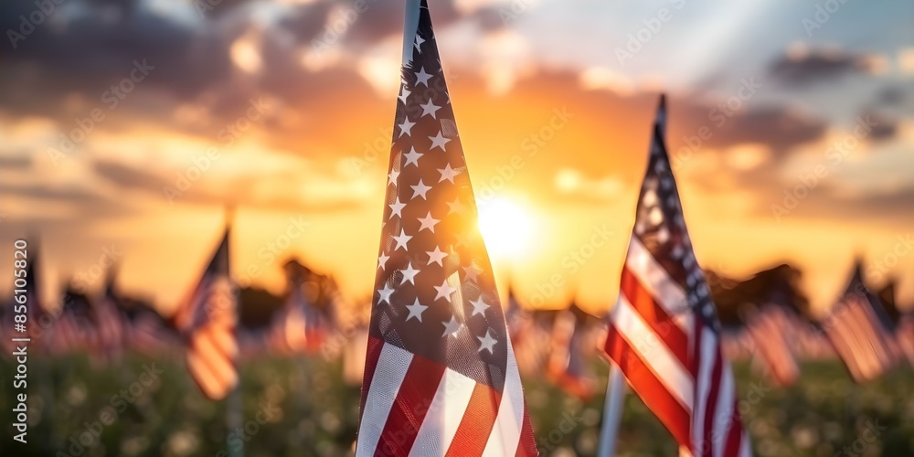 Honoring Fallen Soldiers with American Flags in a Field at Sunrise ...