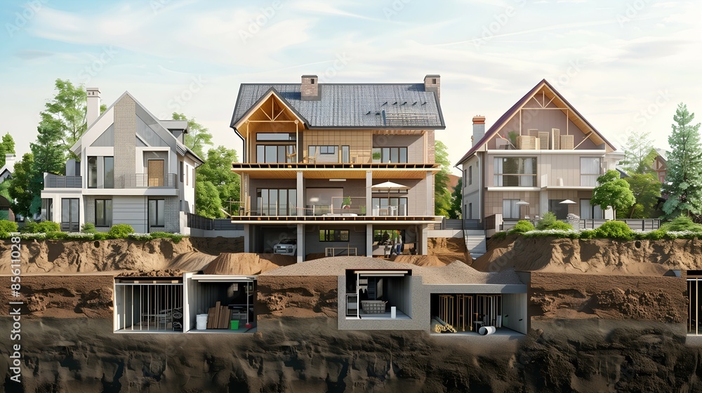 Cross-Section of Modern Homes Showing Basements and Interiors ภาพถ่าย ...