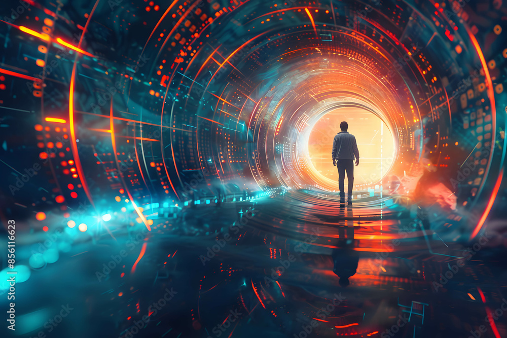 Internet of things concept, illustration of a person stepping from ...