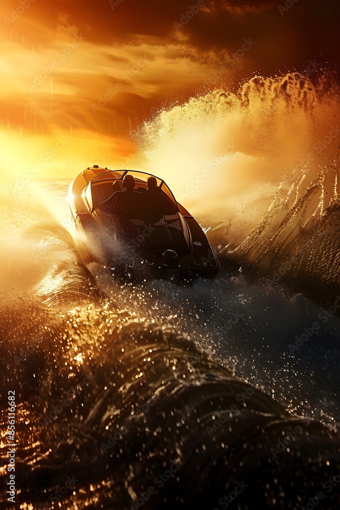 Dynamic Jet Boat Silhouette Racing Through Water at Sunrise or Sunset ...