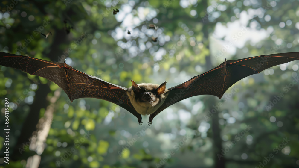 In the middle of a dense forest, a wild bat is seen flying with ...
