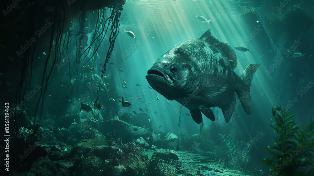 In the depths of the sea, a piranha fish emerges from the shadows ...