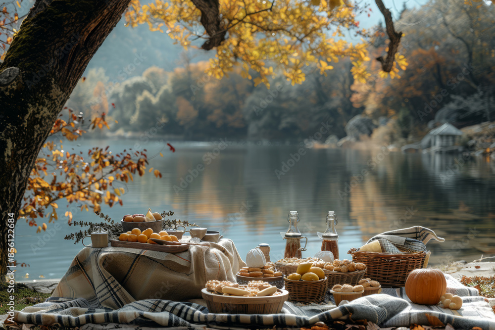 Thanksgiving picnic in rustic setting by the scenic lake, table with ...