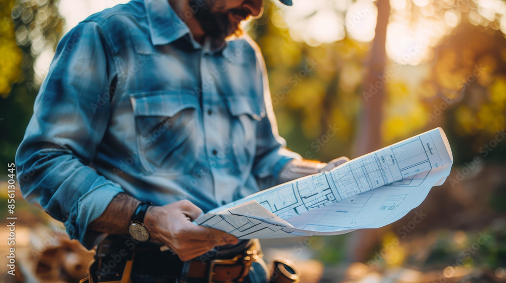 Real Estate Developer Reviewing Blueprints. A real estate developer ...