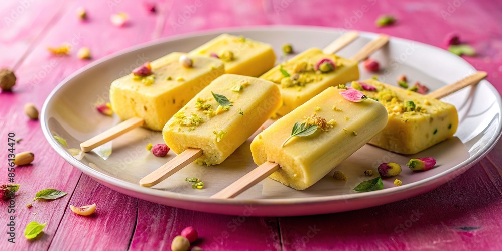 Plate of kulfi dessert on a stick flavored with cardamom, pistachio ...