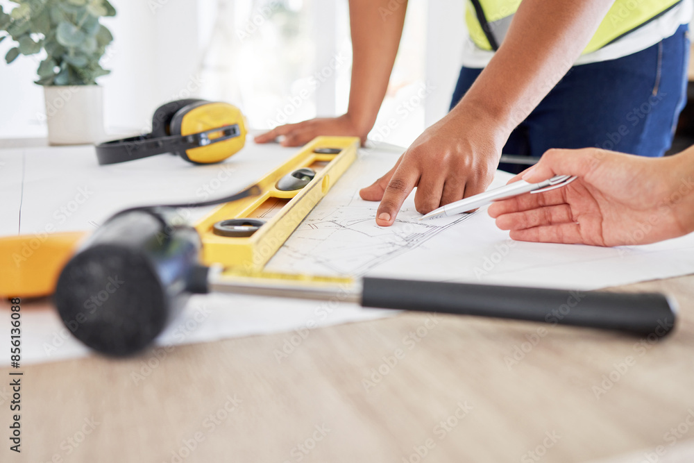 Builder, planning and blueprint of hands with tools, engineering and ...