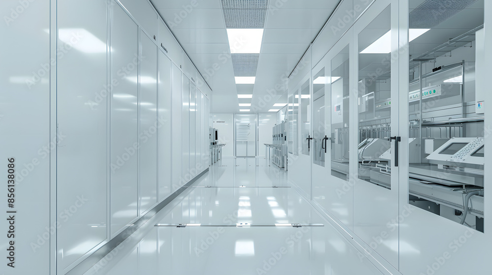 Wide shot inside advanced semiconductor production fab cleanroom with ...