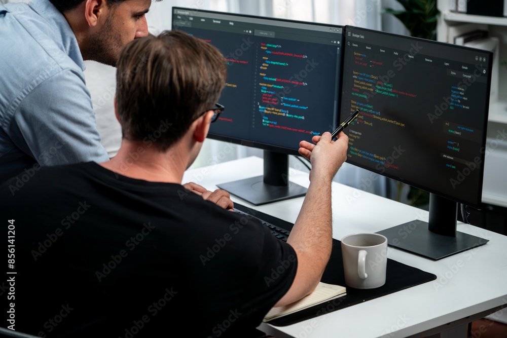 IT developers discussing online software development information on pc ...