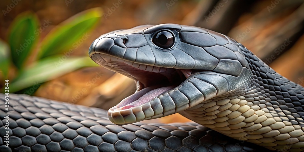 Dangerous black mamba snake showing open mouth and fangs, snake, black ...