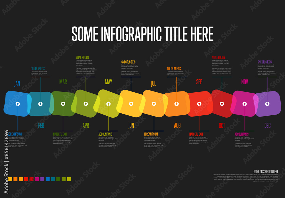 Dark full year timeline template with month names and rainbow color ...