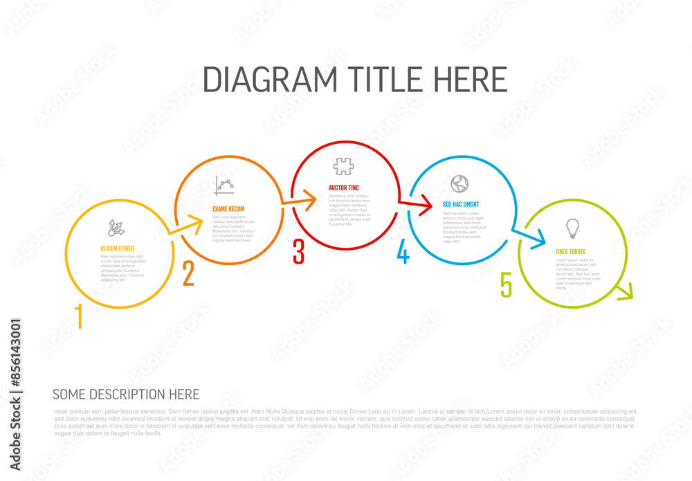 Light five circle steps template with icons big numbers and description ...