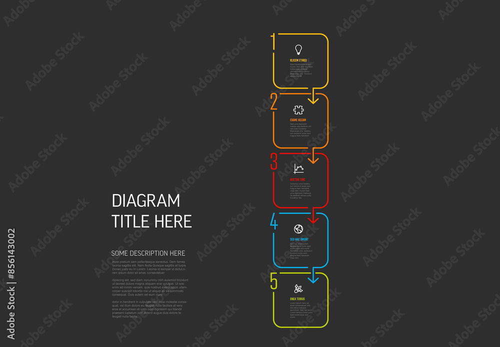 Dark five square steps vertical template with icons big numbers and ...