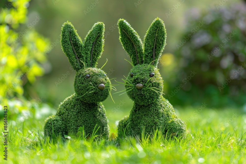 Topiary rabbits relaxing on grass in front of lush green bush and trees ...