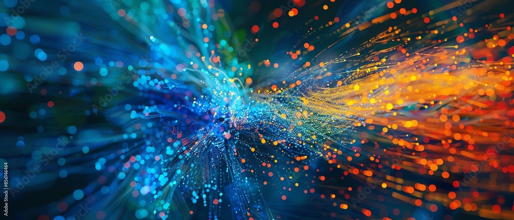 Highspeed data transfer visual, bright neon fibers converging, digital ...