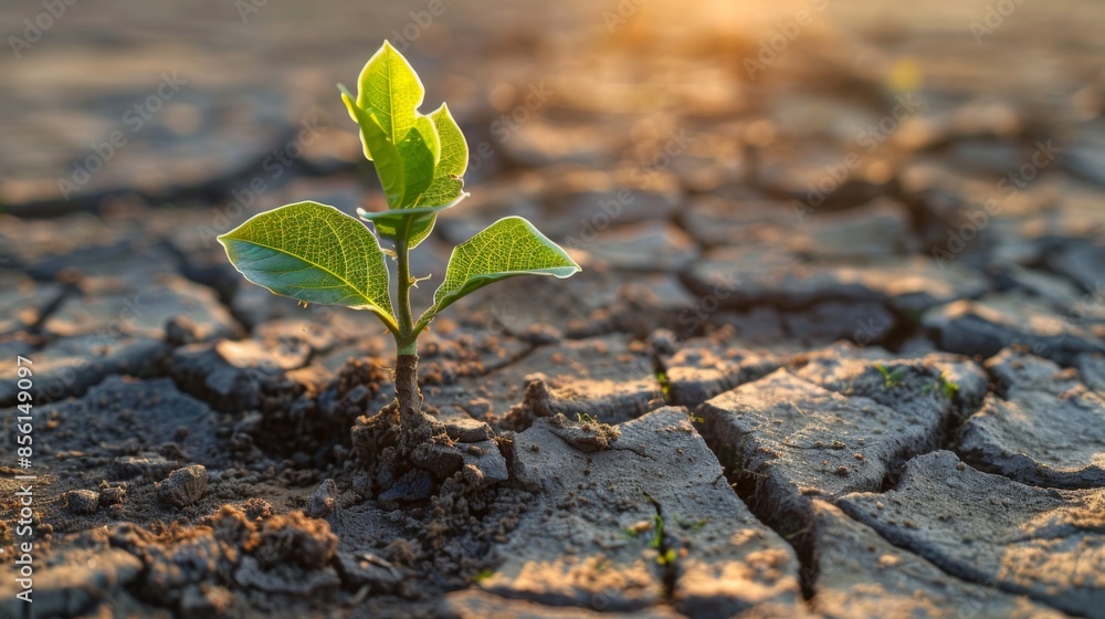 Tiny plant emerges from the parched ground, symbolizing optimism and ...