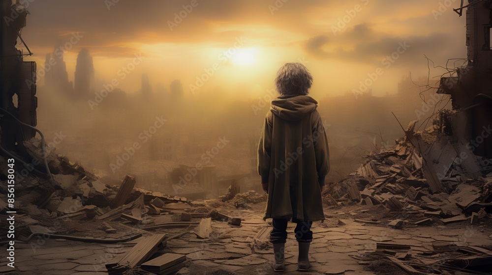 Child standing in the ruins of a devastated city, subtle expression of ...