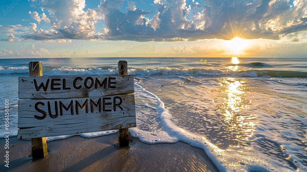 "Welcome Summer" Carved Wooden Beach Sign Photography with Ocean Waves ...