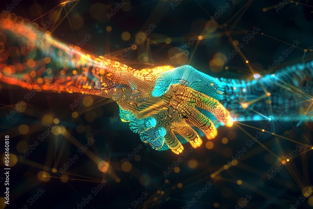 Cryptocurrency network glowing avatars in digital handshake banner for ...