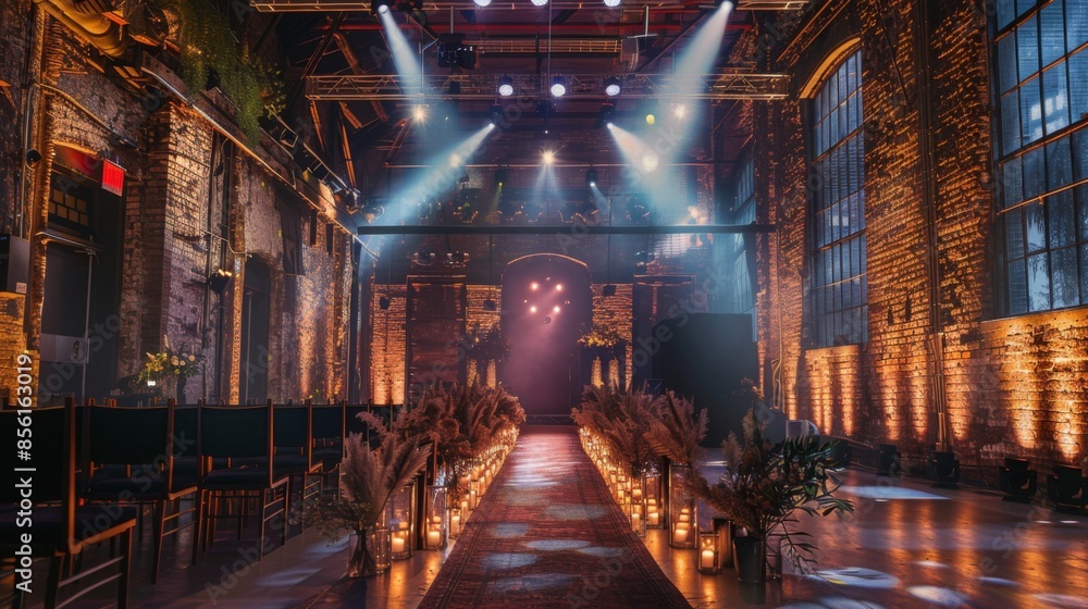 A wedding ceremony setup in a large, industrial-style venue with brick ...