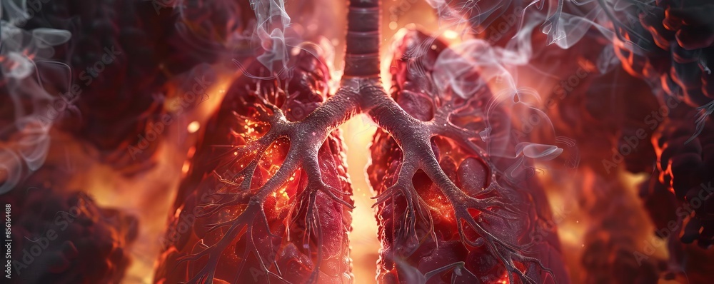 A precise medical illustration depicting the inside of human lungs with ...