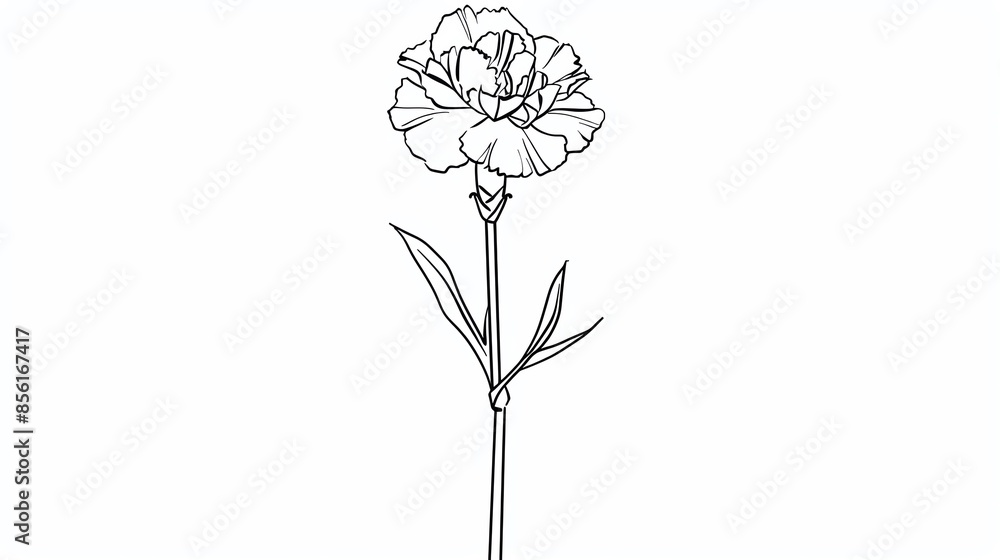 B&W illustration of a single carnation flower with stem and leaves ...