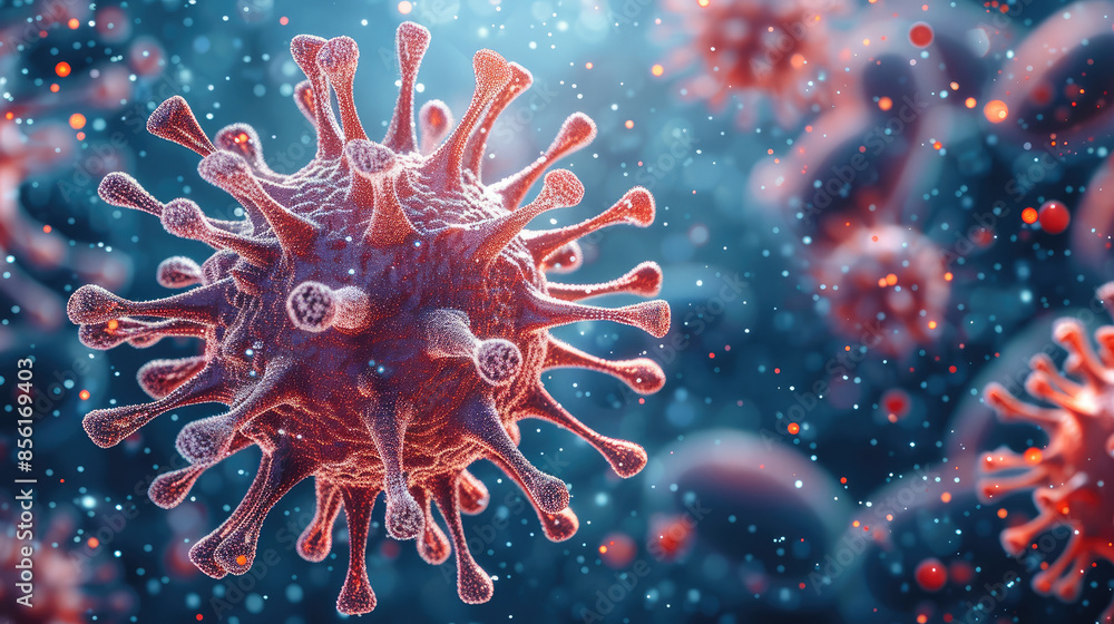A close-up of a red virus particle with a halo effect, surrounded by a ...