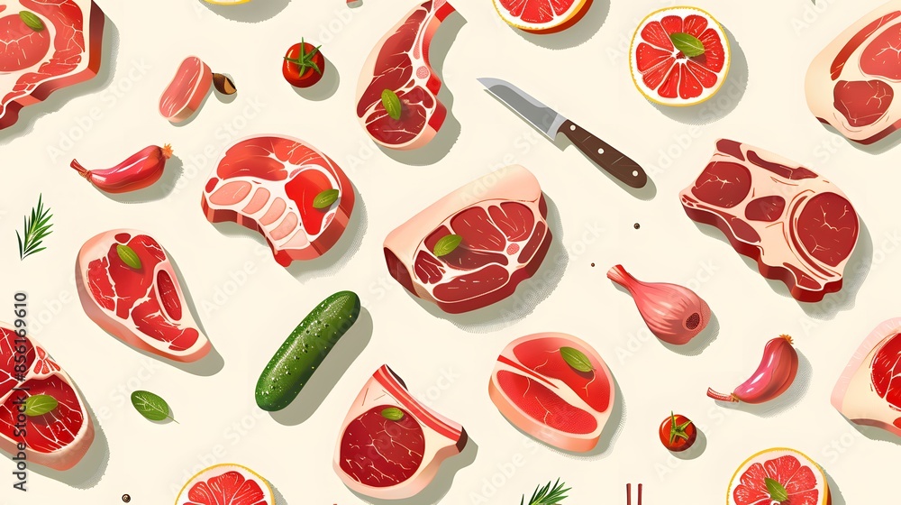 A seamless pattern of clip art meat icons for merchandise, featuring a ...