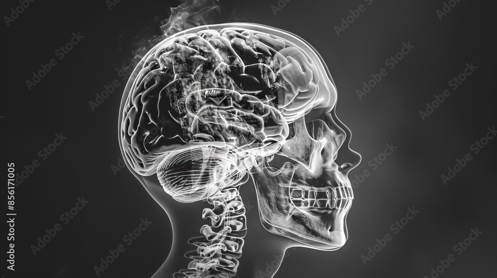 A comprehensive Xray view of the brain, with cranial bones and ...