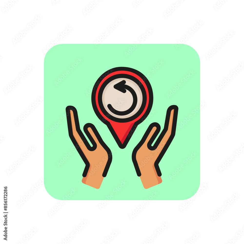 Hand holding recycle map pointer line icon. Recycle location, refresh ...