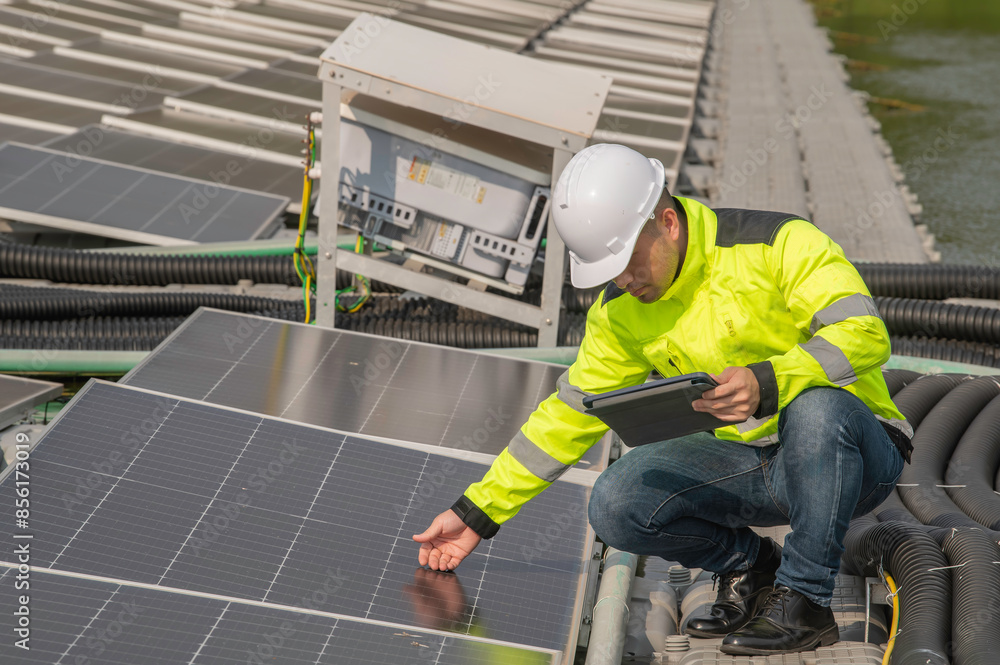Engineer working at floating solar farm,checking and maintenance with ...