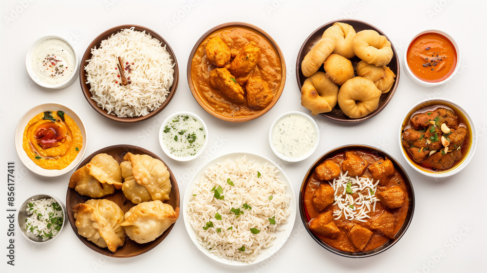Top view Indian food collection isolated on white background including ...